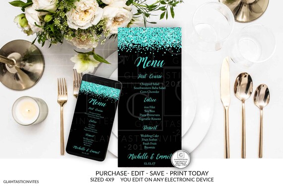 Turquoise Diamond Wedding Menu, Printable Wedding Menu, Instant ...