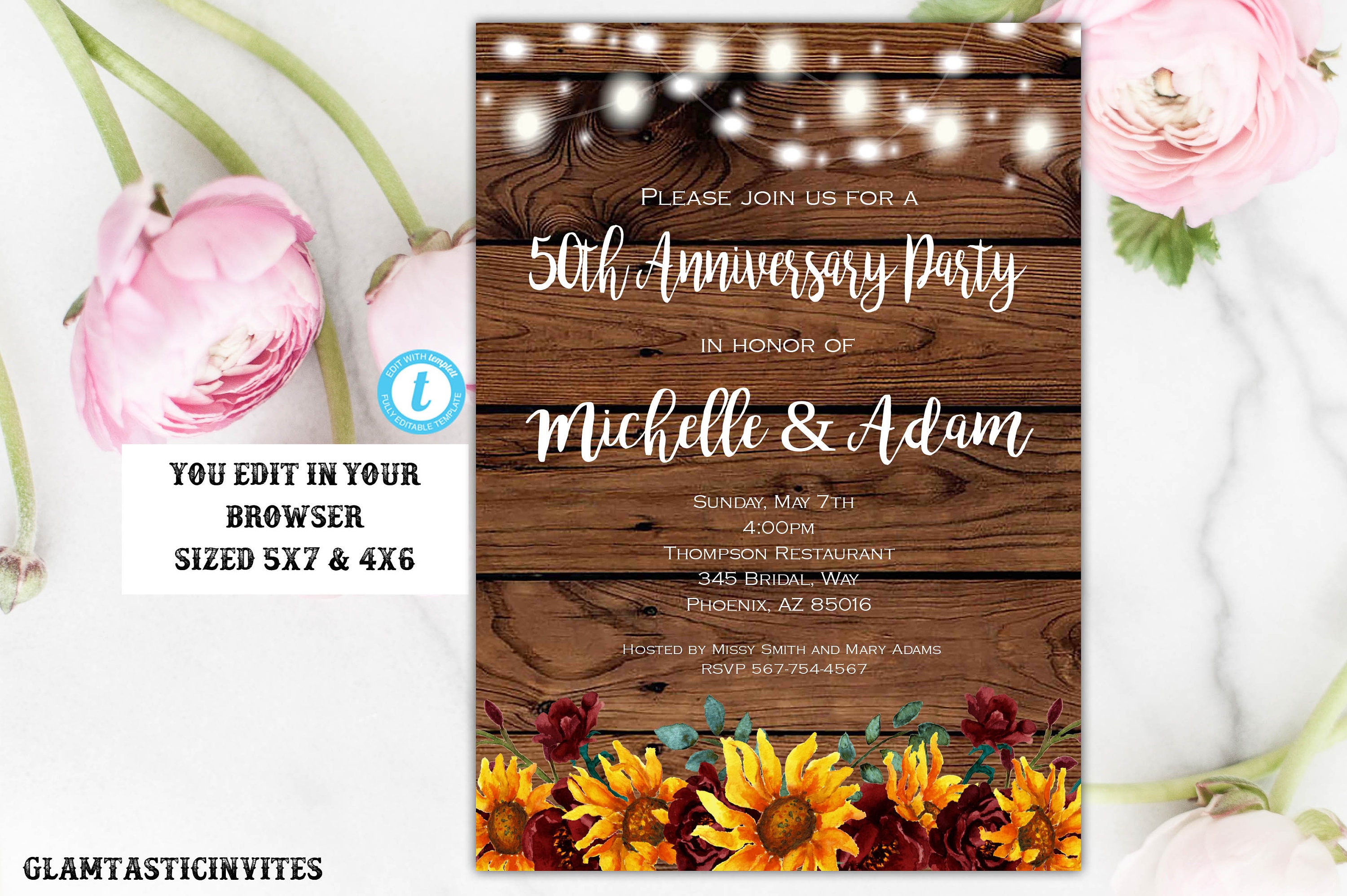 Rustic Sunflower Anniversary Invitation Template 50th | Etsy