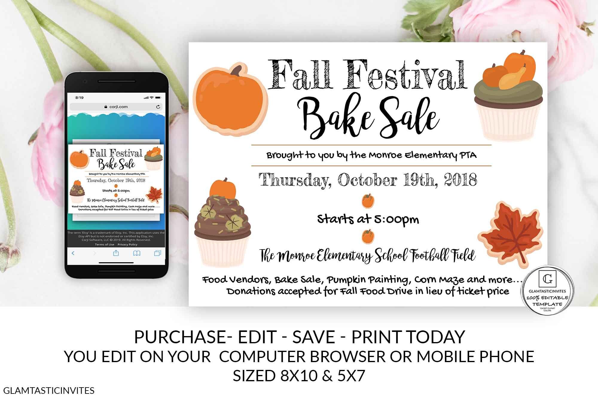 Fall Festival Family Bake Sale Invitation Flyer Template - Etsy