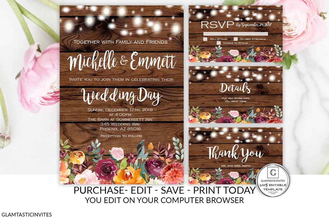 Rustic Wedding Invitation Suite, Instant Download, Wedding Invitation ...