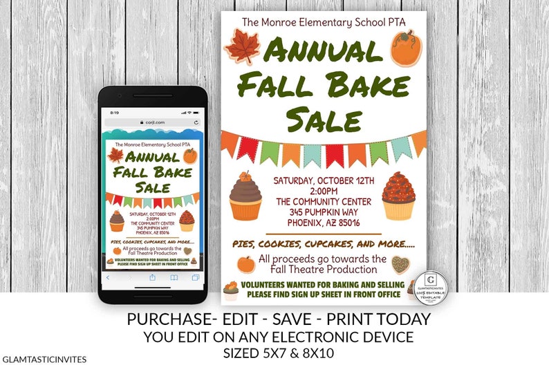 Fall Bake Sale Festival Flyer Template Invitation Editable | Etsy