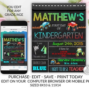 Editable Monster Truck Boy Back to School Sign First Day of School Sign ...