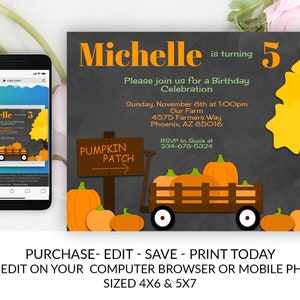 Fall Pumpkin Patch Birthday Invitation Template Chalkboard Editable ...