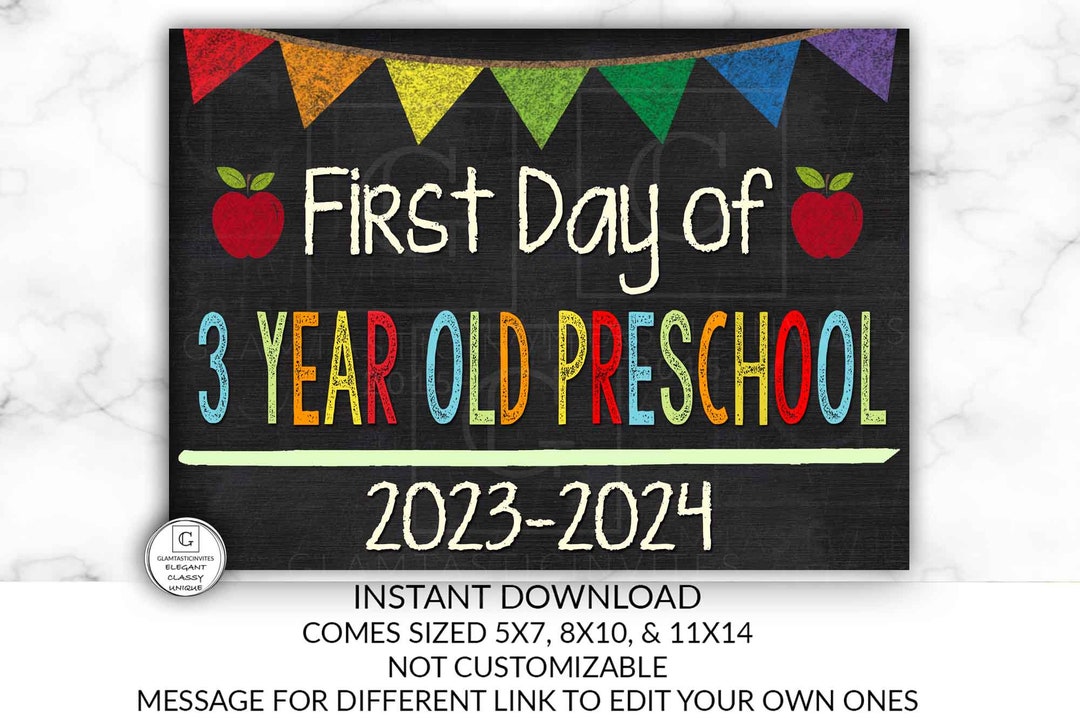 3 Year Old Preschool First Day Sign, First Day of School Chalkboard ...
