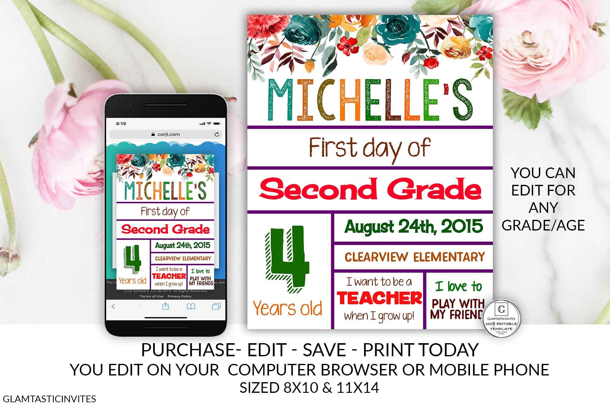 Editable Girl First Day of School Sign Printable Right Away - Etsy