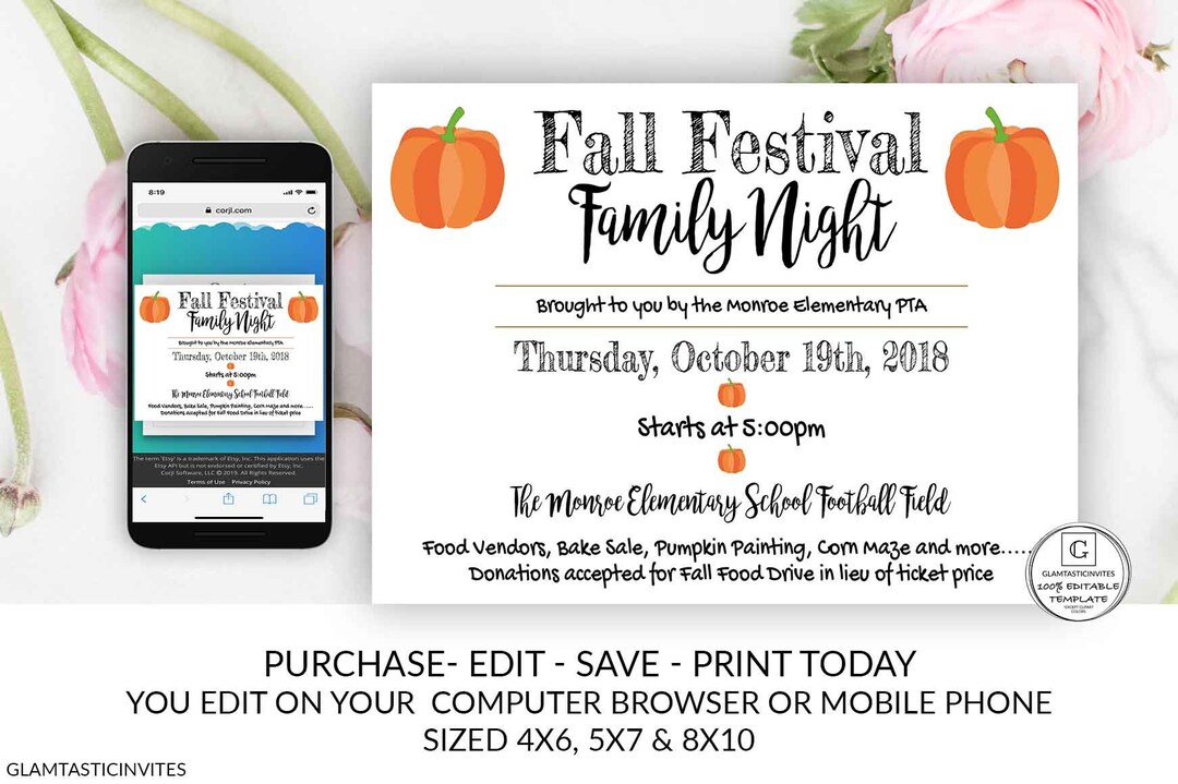 Fall Festival Family Night Invitation Flyer Template, Editable ...