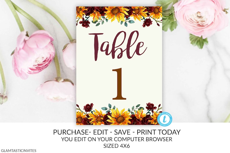 Sunflower Table Numbers Printable Table Numbers Editable - Etsy