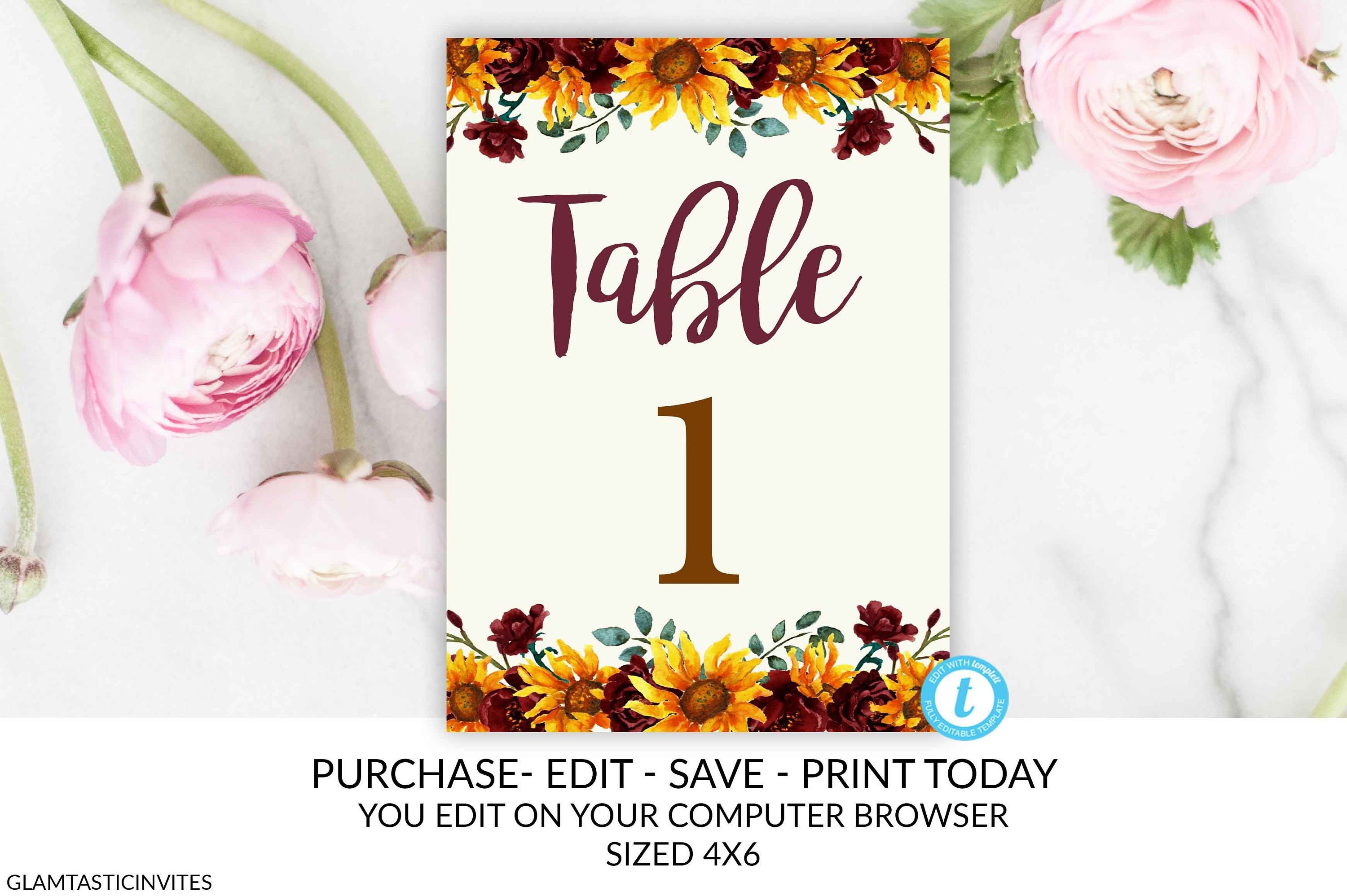Sunflower Table Numbers, Printable Table Numbers, Editable Table ...