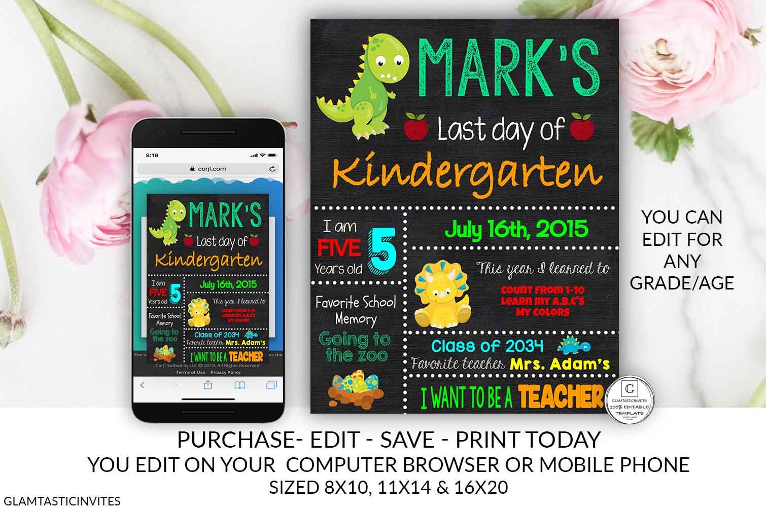 Dinosaur Last Day of Kindergarten Sign Last Day School | Etsy