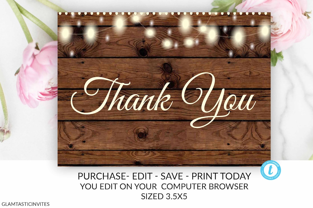 Rustic Thank You Card Template, Barn Wood Wedding Thank You Cards ...