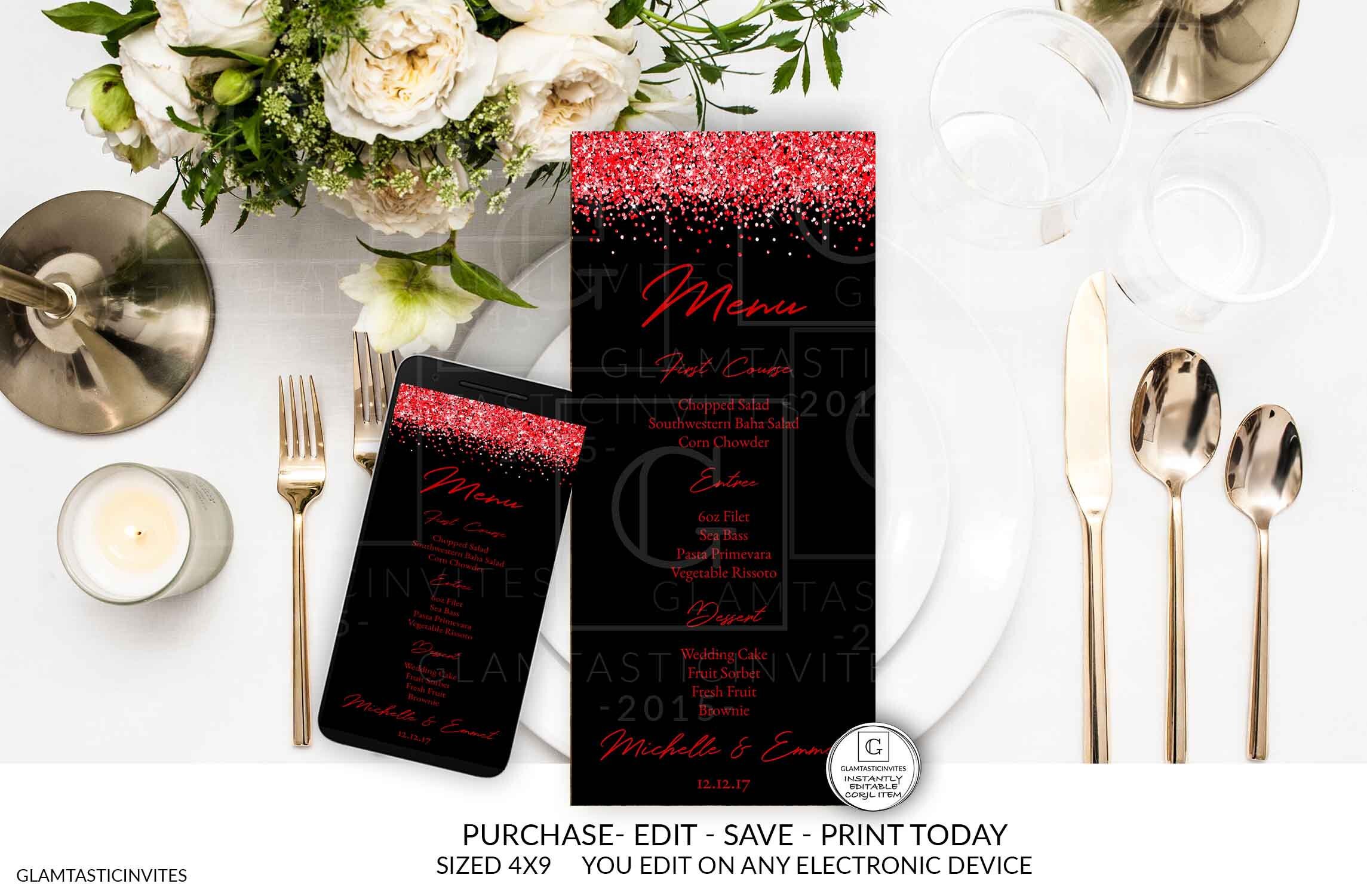 Wedding Menu Card Template Black and Red Menu Template Rack - Etsy ...