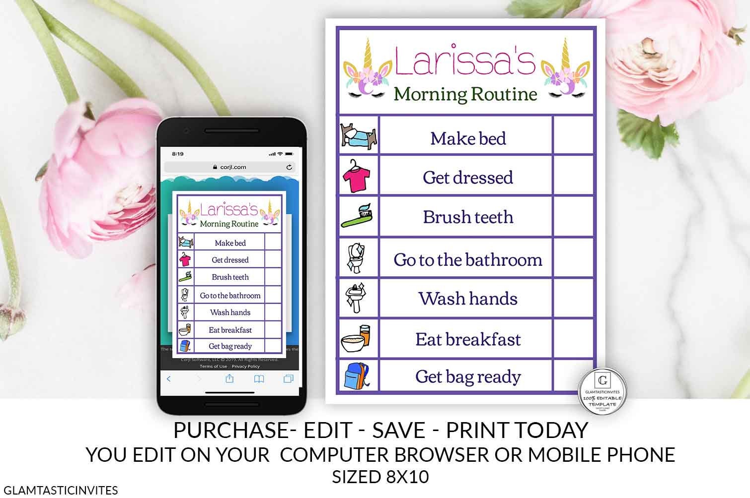 Unicorn Girl Printable Editable Chore Chart Instant Download | Etsy