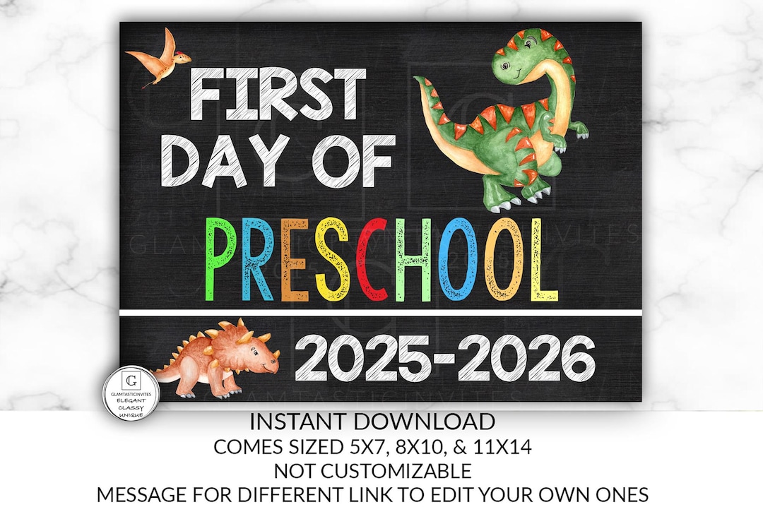 Dinosaur First Day of Preschool Sign, Instant Download, Dinosaur ...