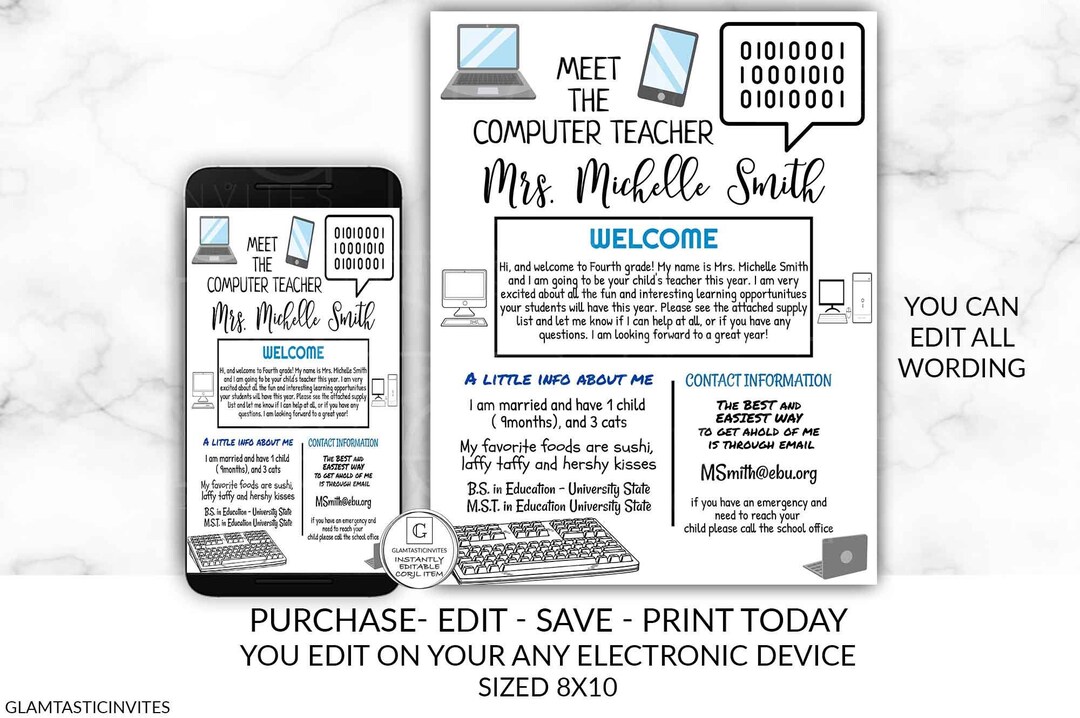 Meet the Computer Teacher Template, Welcome Back to School Note, Parent ...