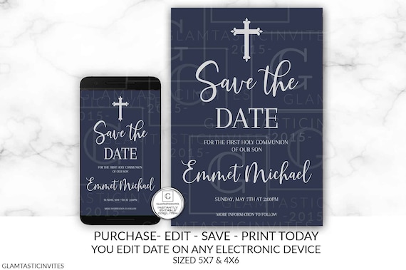 Navy Blue Silver Rustic Save the Date First Communion Invitation Boy ...
