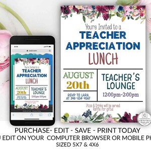 Teacher Appreciation School Luncheon Lunch Invitation Editable ...