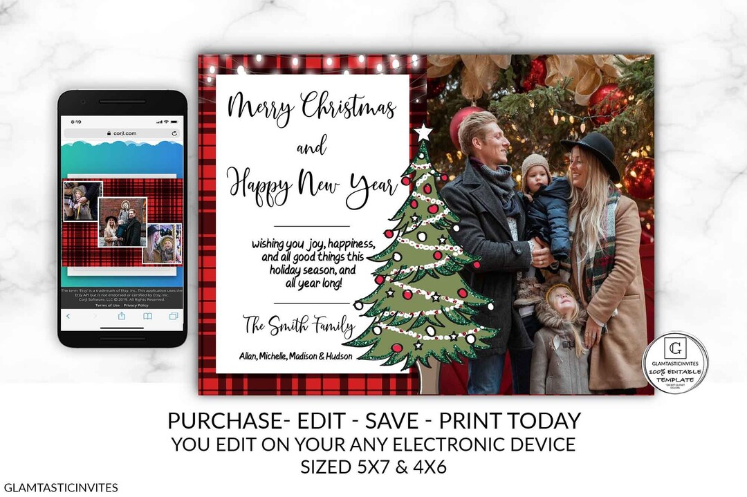 Editable Christmas Card, Printable Buffalo Plaid Christmas Card ...