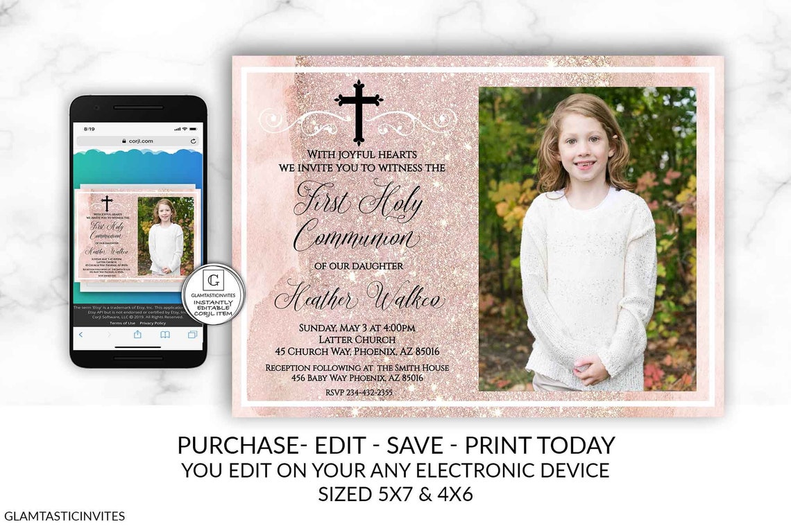 Rose Gold Pink Watercolor First Communion Invitation Girl - Etsy