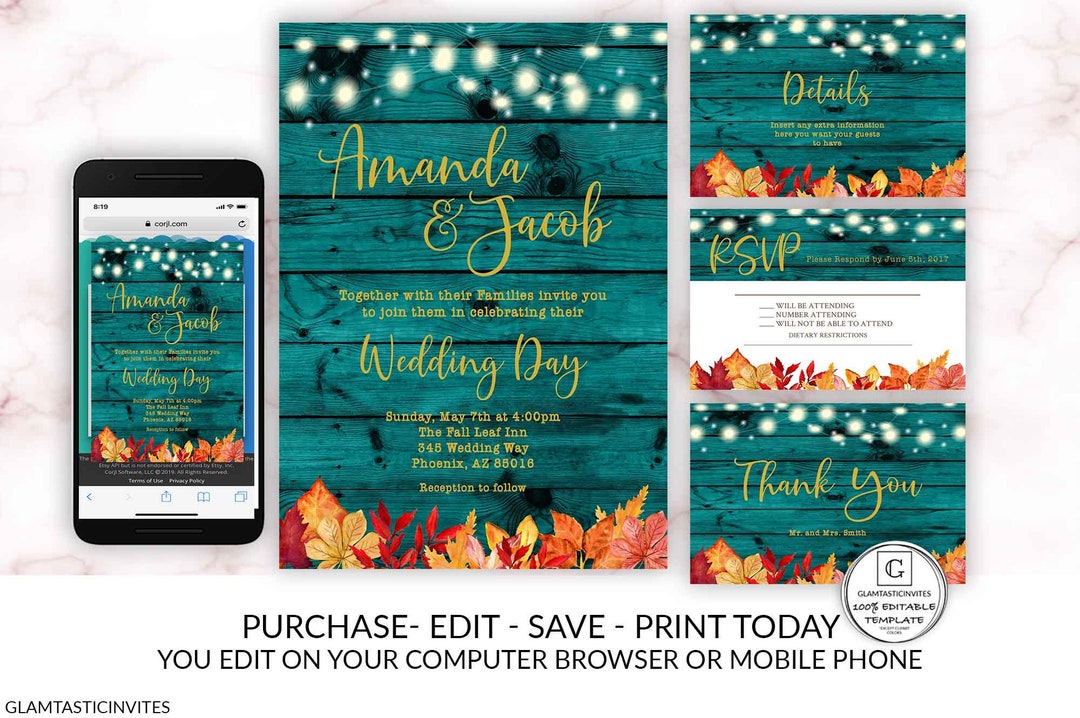 Printable Editable Rustic Wood Teal Burnt Orange Leaf Gold Fall Wedding ...