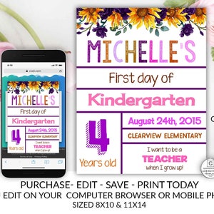 Editable Sunflower Girl First Day of School Chalkboard Poster Any Grade ...