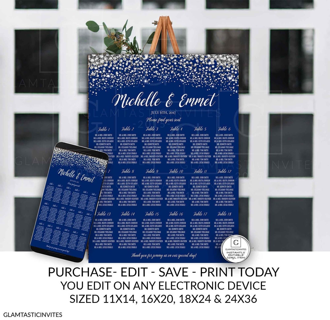 Editable Royal Blue Silver Seating Chart, Seating Chart Template ...