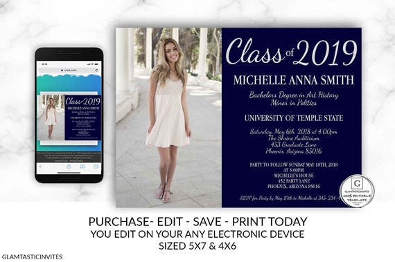 Blue Silver Graduation Invitation Editable Printable Elegant - Etsy