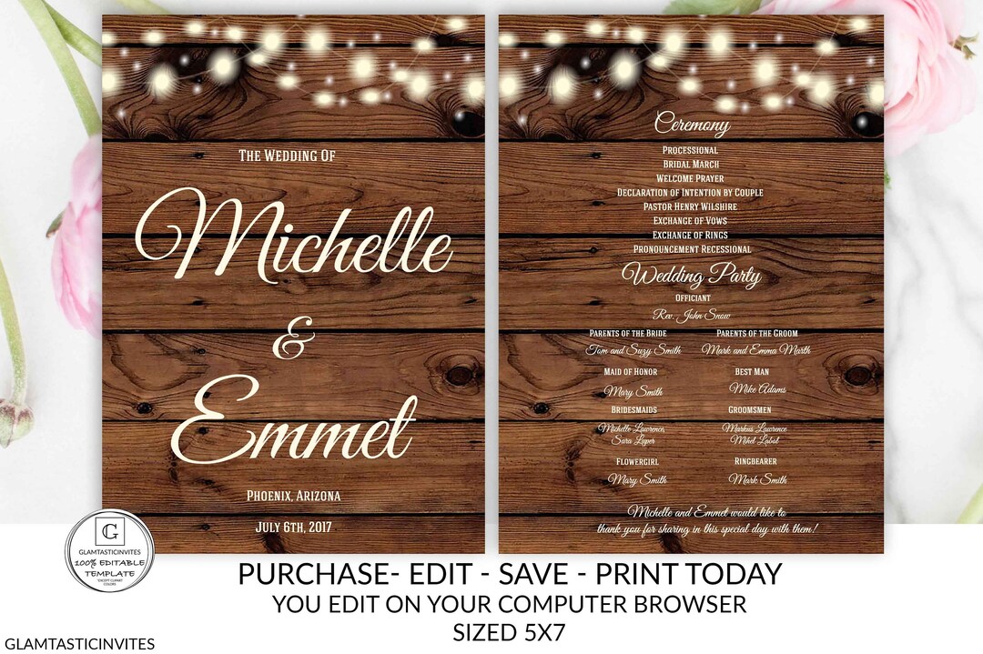 Rustic Wedding Program Template, Ceremony Program, Template, Wedding ...