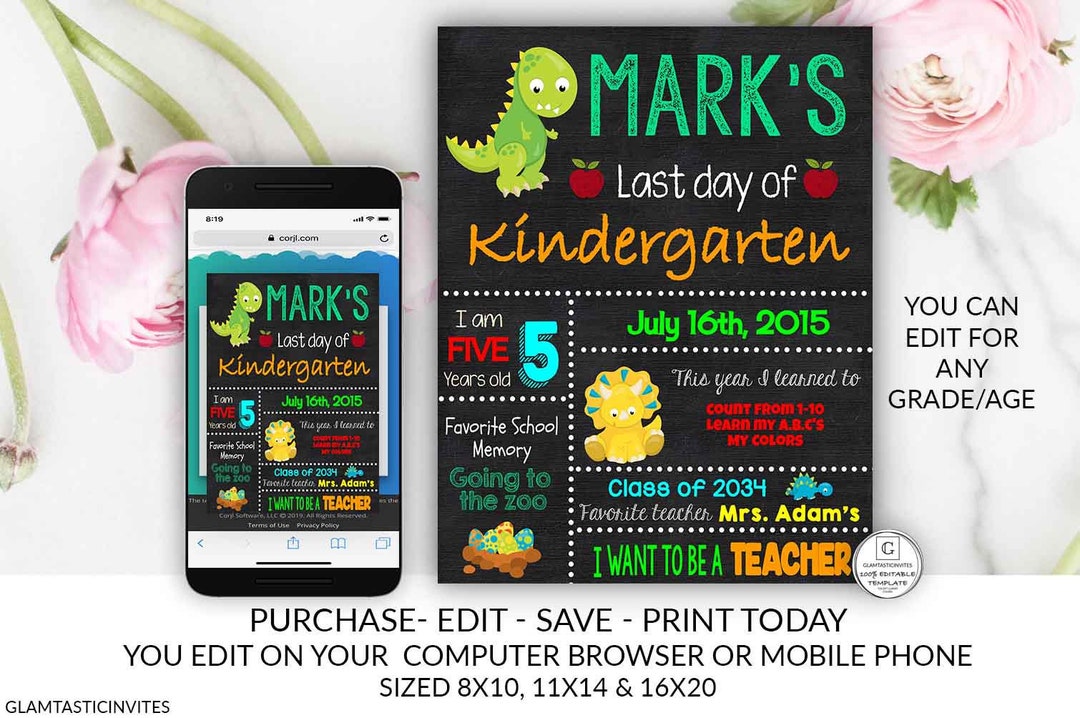 Dinosaur Last Day of Kindergarten Sign Last Day School Chalkboard ...