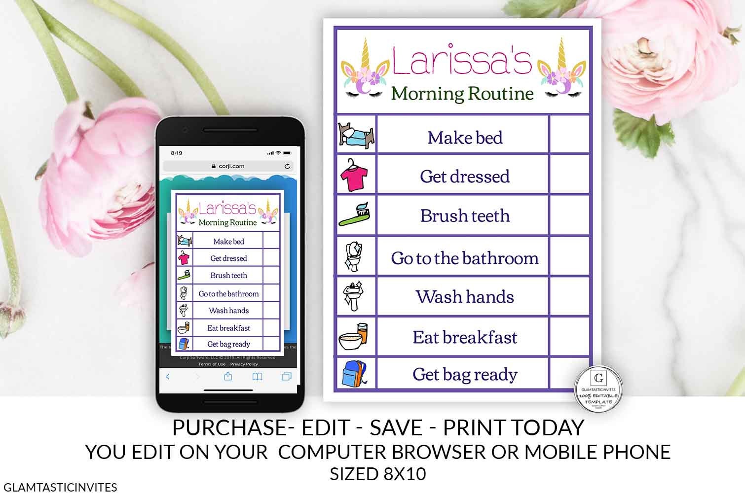 Unicorn Girl Printable Editable Chore Chart Instant Download | Etsy