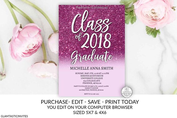 Pink Glitter Graduation Invitation Printable Editable Graduation Invite ...