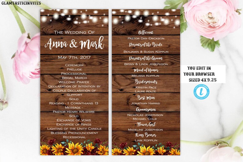 Rustic Wedding Ceremony Program Template Sunflower Editable - Etsy
