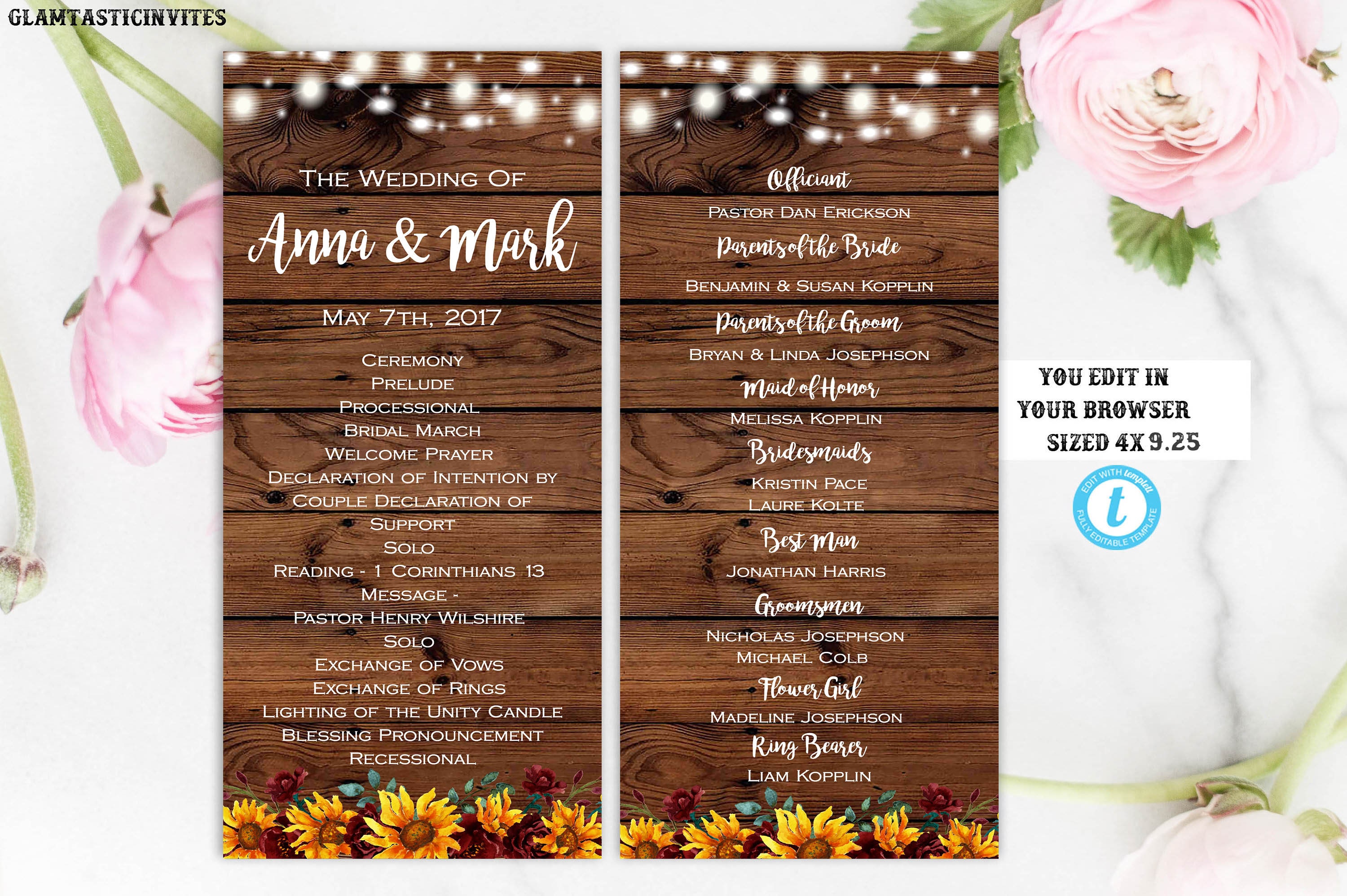 Rustic Wedding Ceremony Program Template Sunflower Editable | Etsy