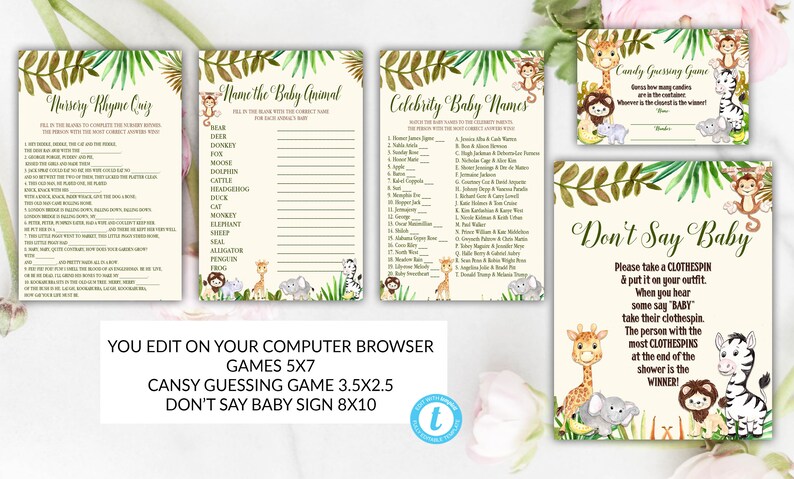 Jungle Safari Baby Shower Game Bundle You Edit Printable | Etsy