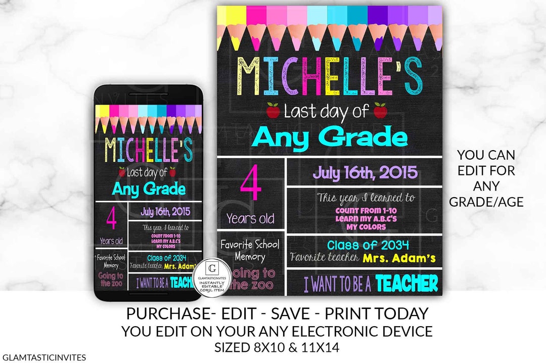 Last Day of School Sign Chalkboard Template, Instant Download, Editable ...