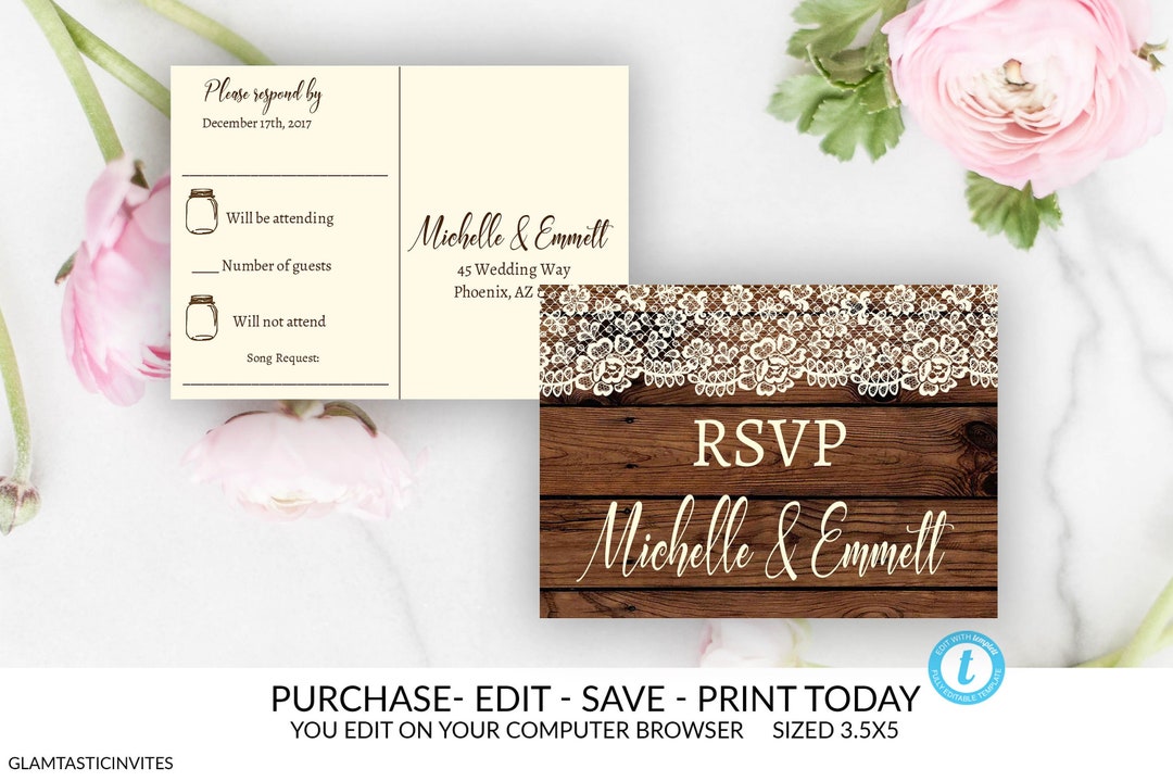Rustic RSVP Printable Card, Printable RSVP Card Template, Wedding RSVP Card, Rustic Response ...