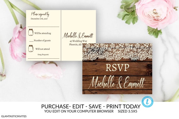 Rustic RSVP Printable Card, Printable RSVP Card Template, Wedding RSVP ...