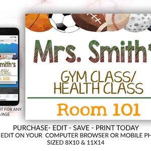 Gym Sports Teacher Door Template Sign Welcome Sign Editable Printable ...