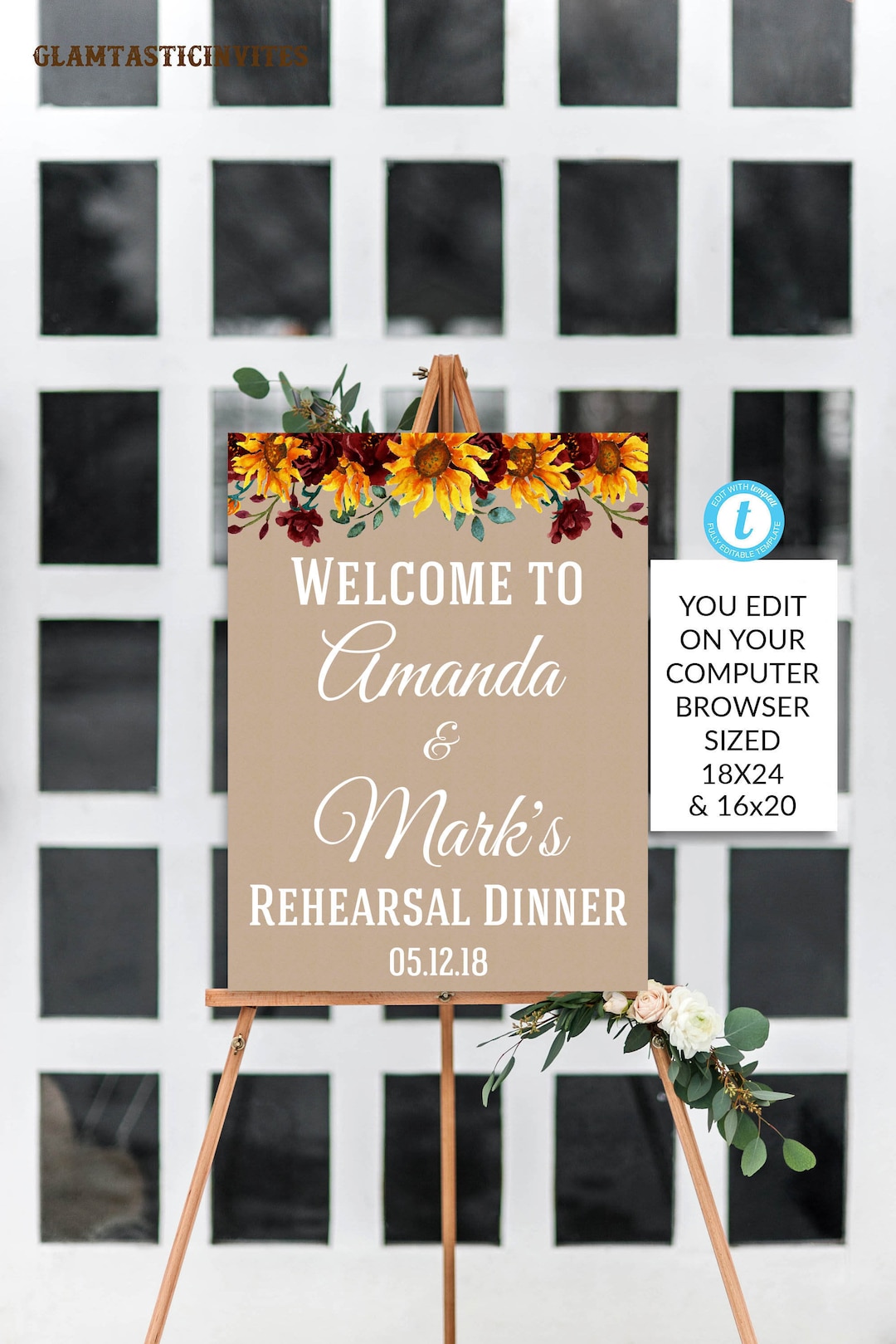 Rehearsal Dinner Welcome Sign Template, Sunflower Rustic Wedding Sign ...