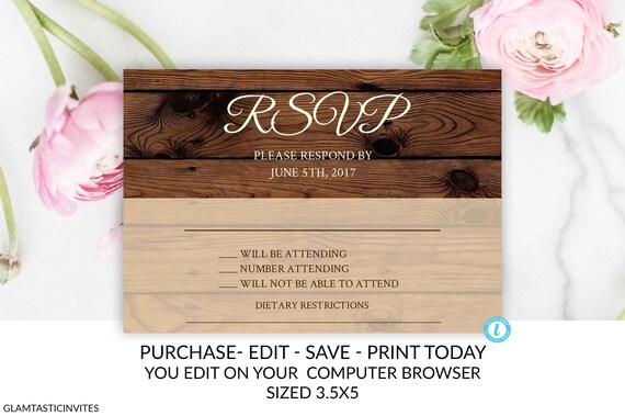 Rustic RSVP Printable Card, Printable RSVP Card Template, Wedding RSVP Card, Rustic Response ...