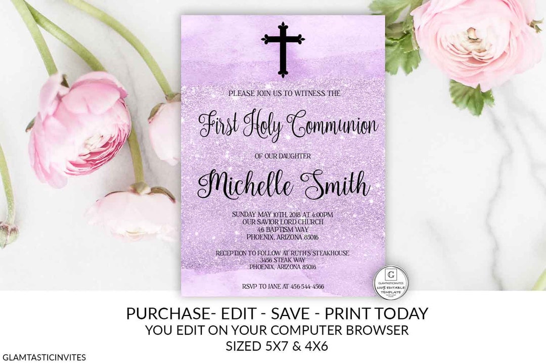 Lavender Purple Watercolor First Communion Invitation Girl First ...