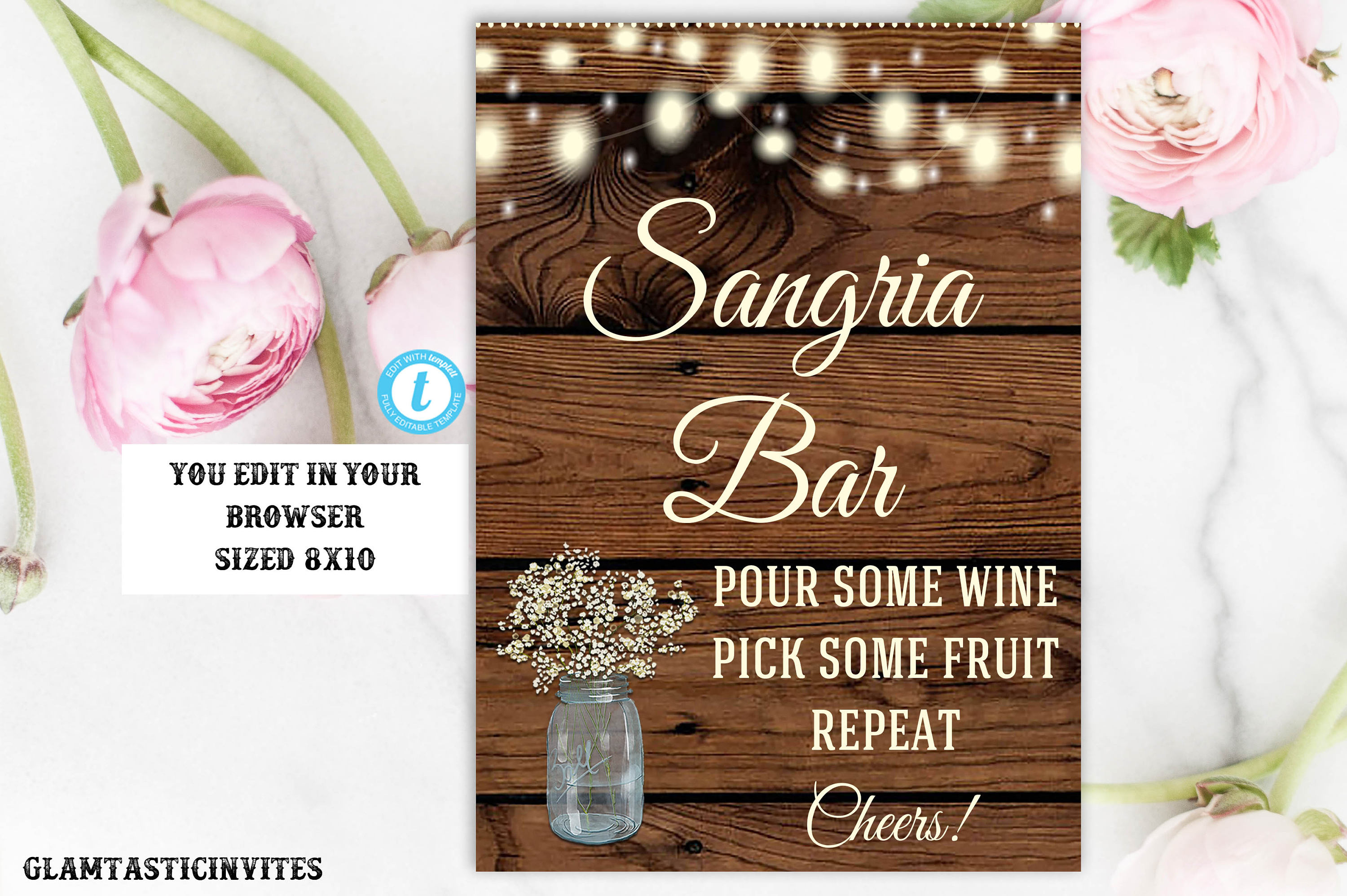 Sangria Bar Sign Template Bar Sign Rustic Wedding Sign | Etsy