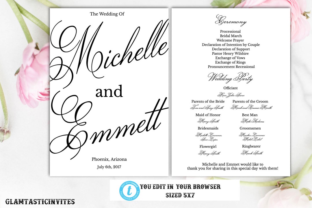 Printable Wedding Program, Order of Ceremony, Instant Download ...