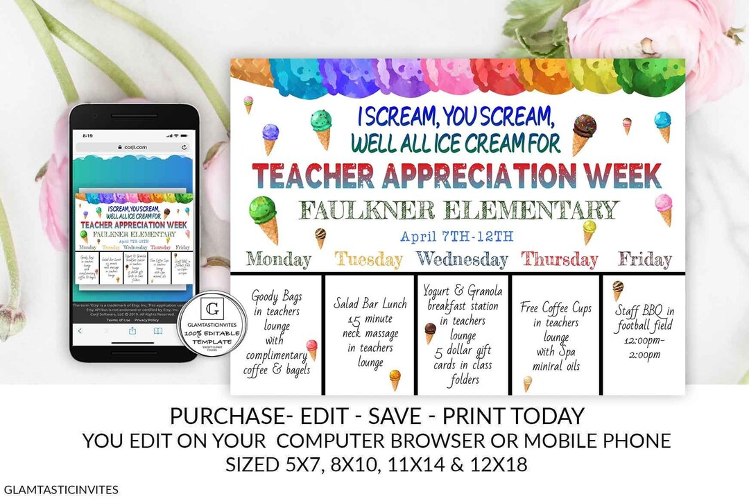 Ice Cream Teacher Appreciation Chalkboard Sign Template Colorful ...