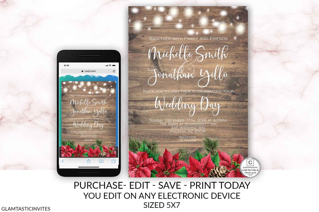 Editable Rustic Christmas Wedding Invitation Template Poinsettia Pine ...