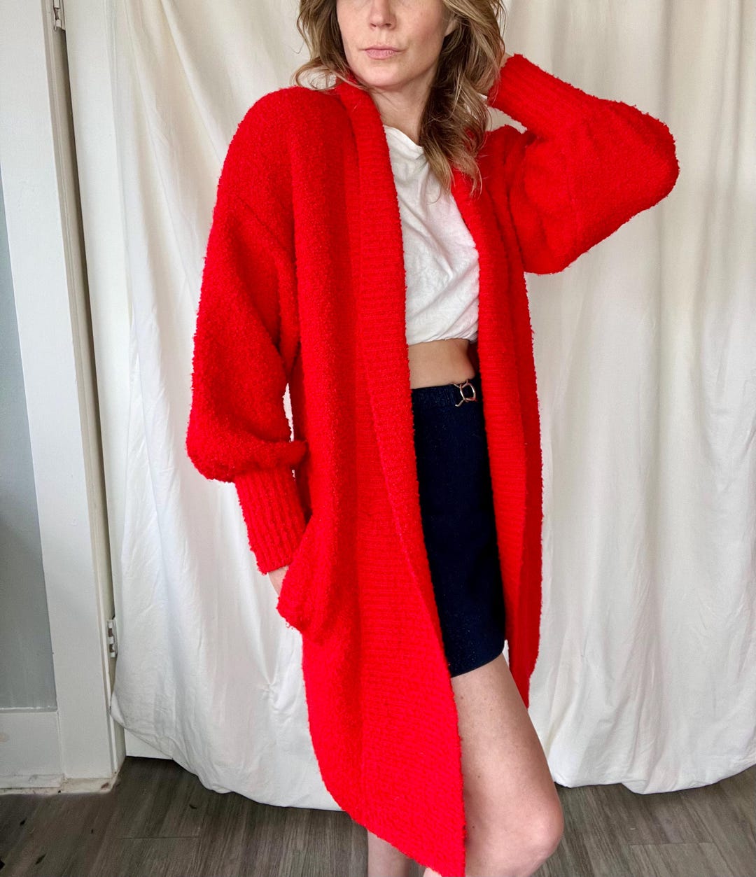 Cozy Red Chunky Long Sweater Side Pockets, Long Cuff, Balloon Sleeve ...