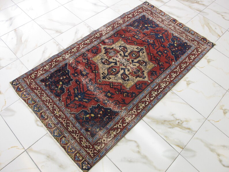 Vintage Oushak Rug, Red Blue Oriental Rug, Turkish Area Rug, Wool ...