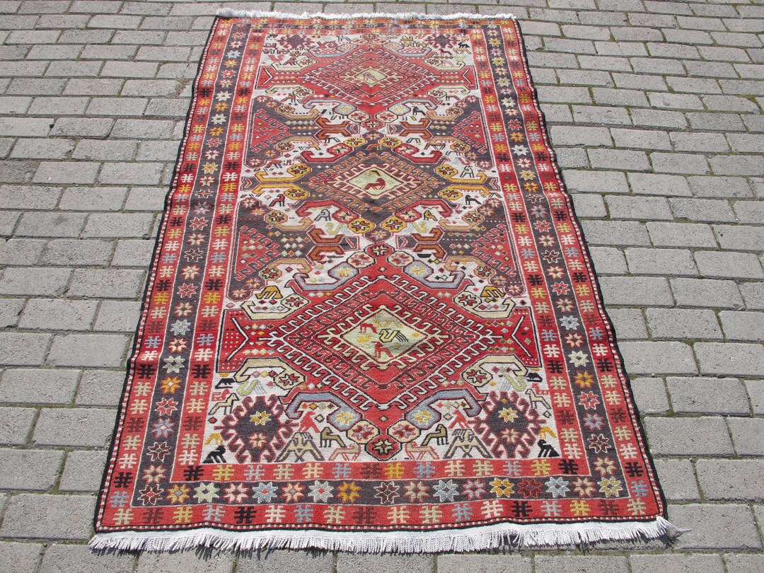 Persian Kilim Rug 4x6 Shahsavan Rug Boho Area Rug Pictorial Animal ...
