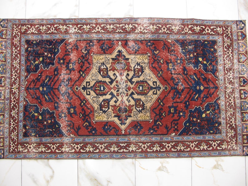 Vintage Oushak Rug, Red Blue Oriental Rug, Turkish Area Rug, Wool ...