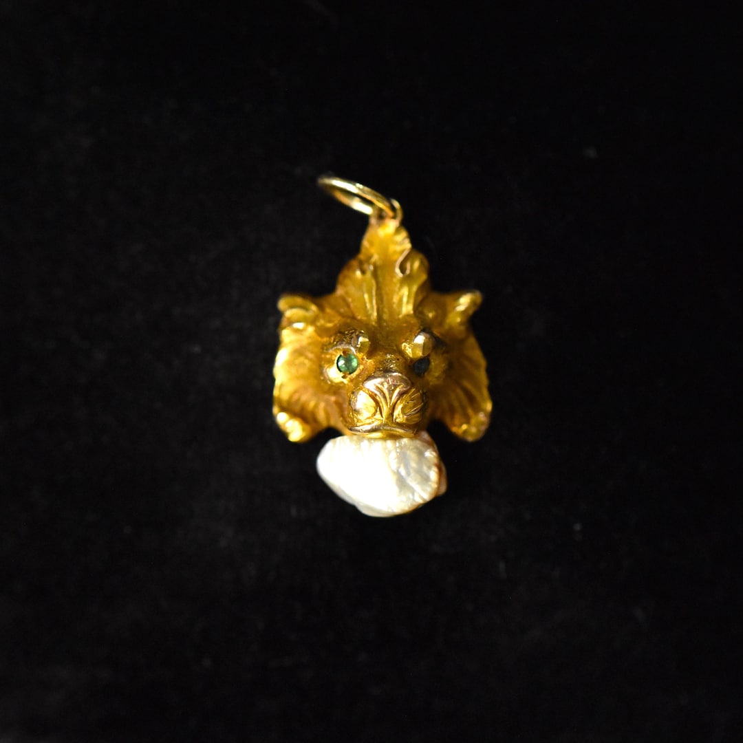 Antique 14K Lion Mythical Creature Emerald Eyes Baroque Pearl Stick Pin ...