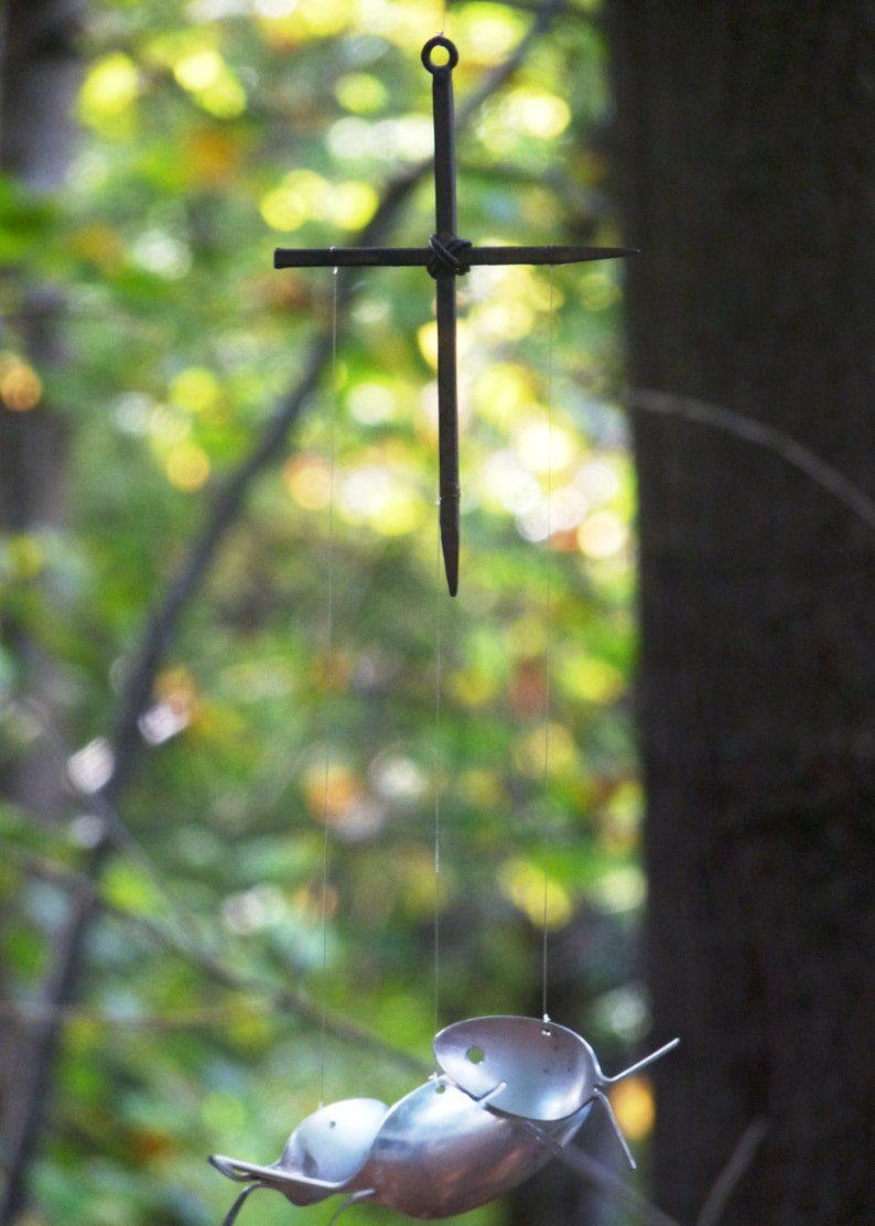 Rustic Cast Iron Nail Cross & Spoon Fish Wind Chime-grandpa Gift ...